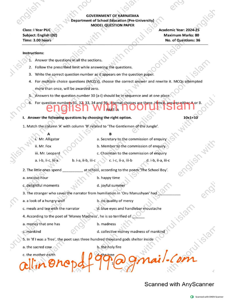 1PUC English MODEL PAPER 2024-25 | PDF