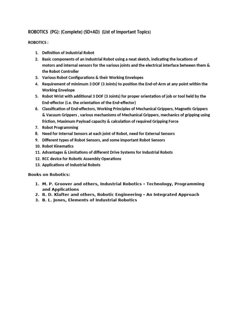 PG Robotics Important Topics & Books On Robotics (Complete) (SD+AD) | PDF