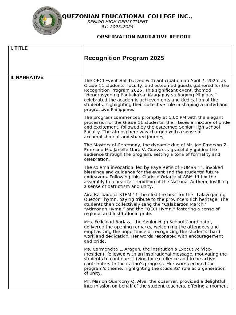 Enna - Narrative Report Recognition Program 2025 | PDF