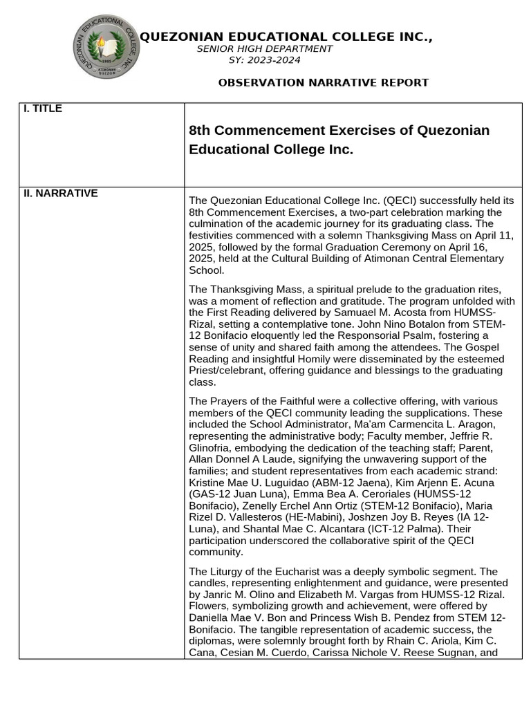 2025 Quezonian Commencement Report | PDF | Mass (Liturgy) | Catholic ...