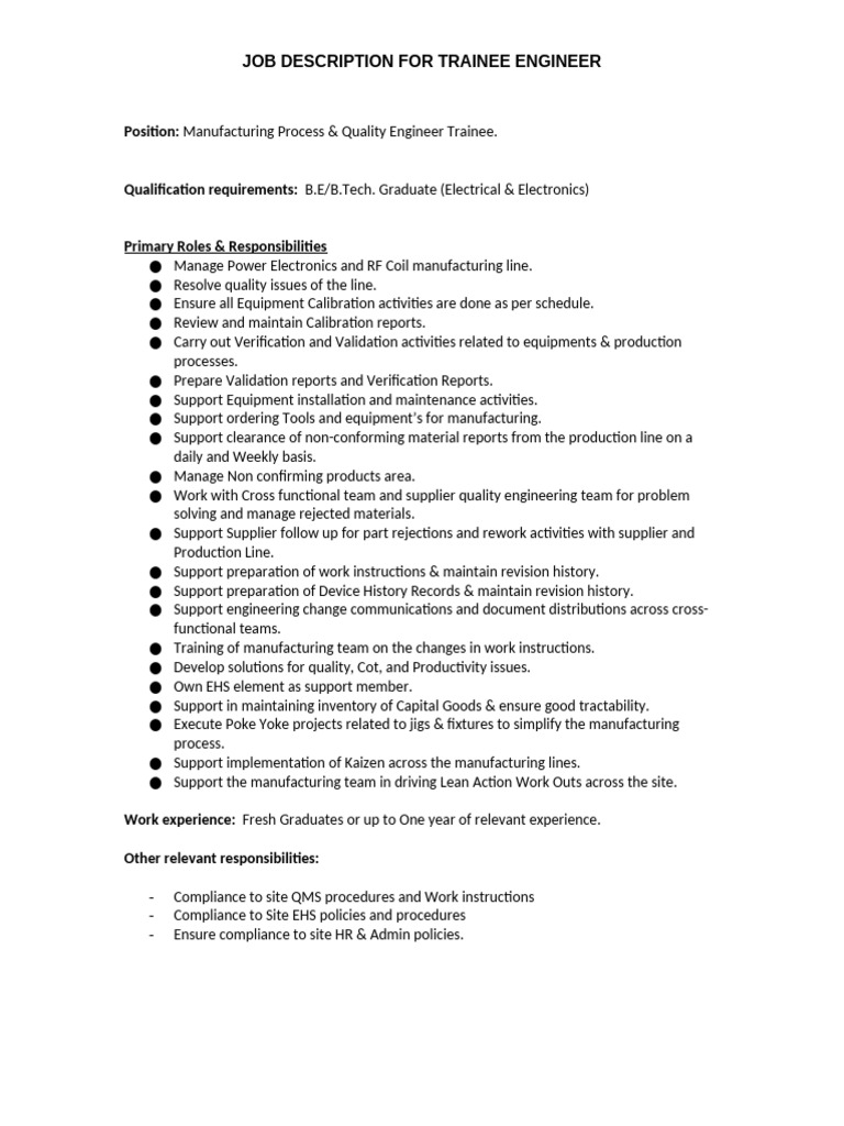 Job Description For Trainee Engineer MPE | PDF
