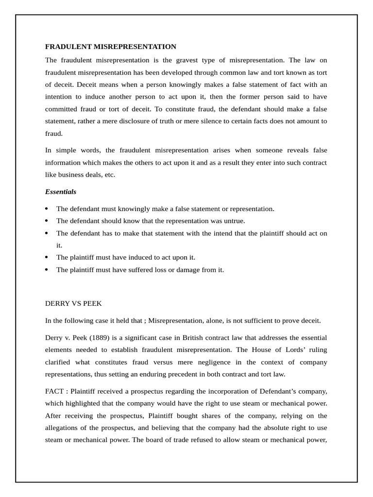 Fraudulent Misrepresentation 1 | PDF | Misrepresentation | Negligence