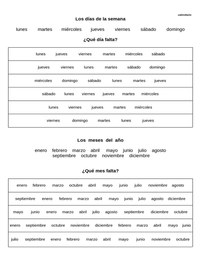 Días y meses del calendario escolar | PDF