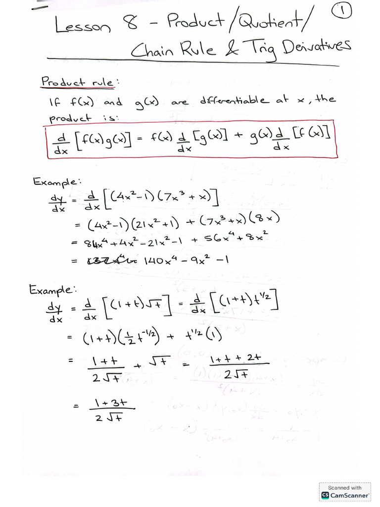 Lesson 8 Product Quotient Chain Rules And Trig Derivatives Notesandsolutions Pdf