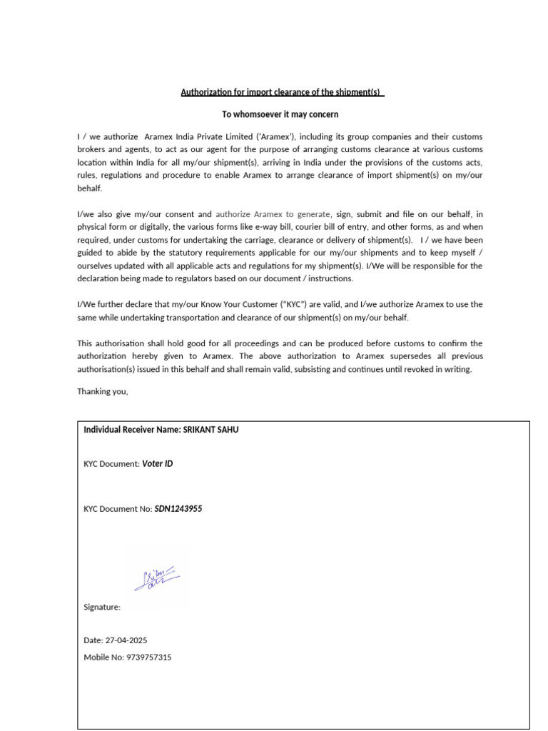 Authorization Letter Template - Imports Clearance Customs - Individual (002) 1 | PDF