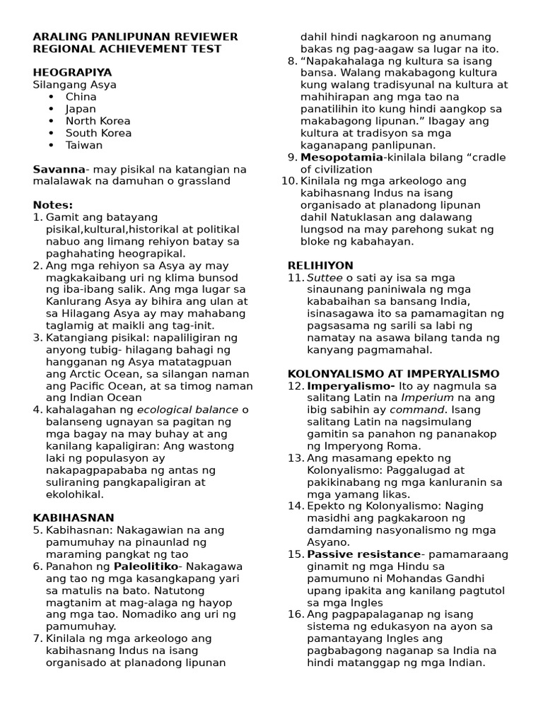 AP Reviewer Regional Achievement Test | PDF
