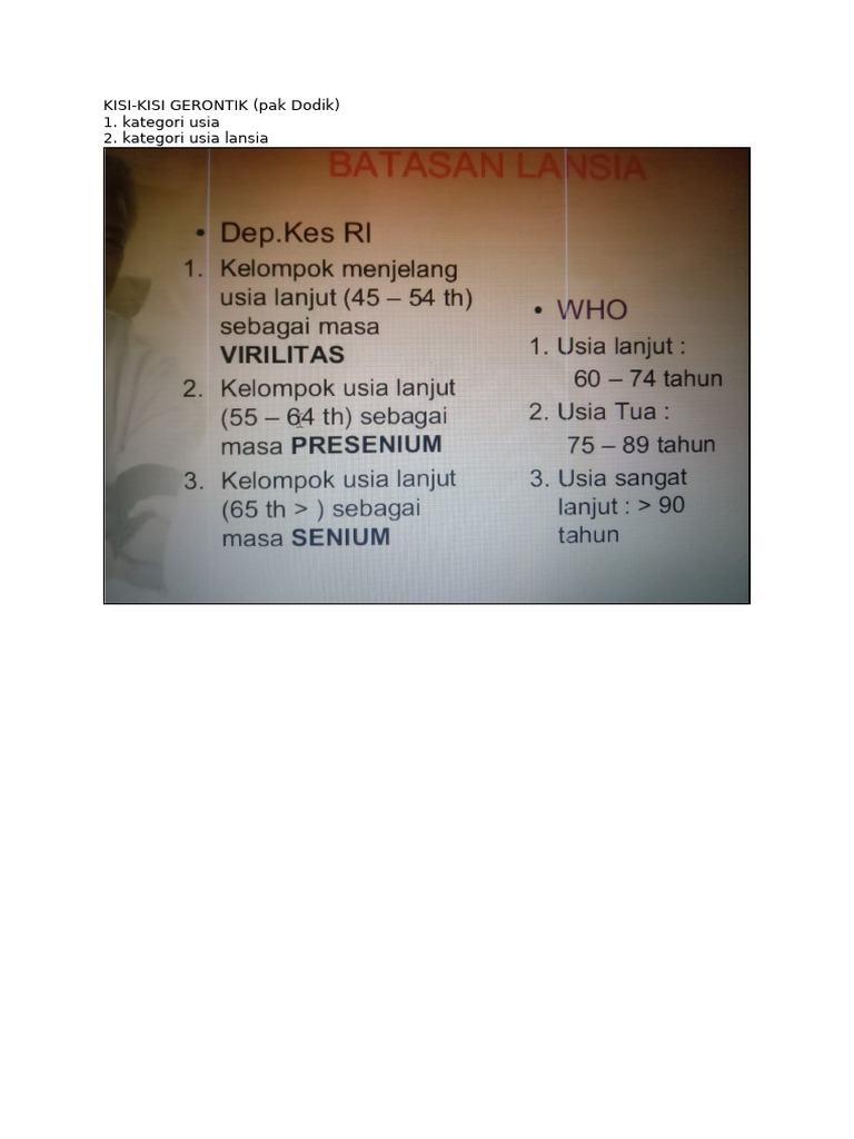 KISI-KISI GERONTIK (Pak Dodik) 1. Kategori Usia 2. Kategori Usia Lansia | PDF