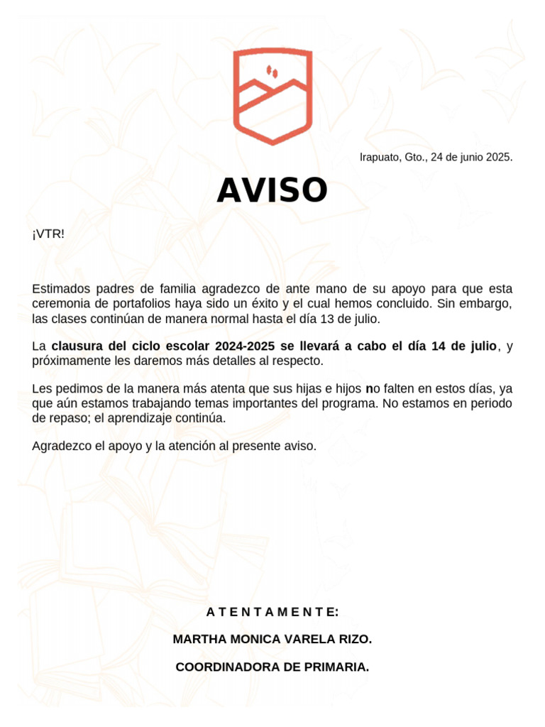 Aviso sobre clases y clausura escolar | PDF