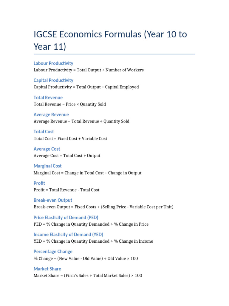 IGCSE Economics Key Formulas | PDF