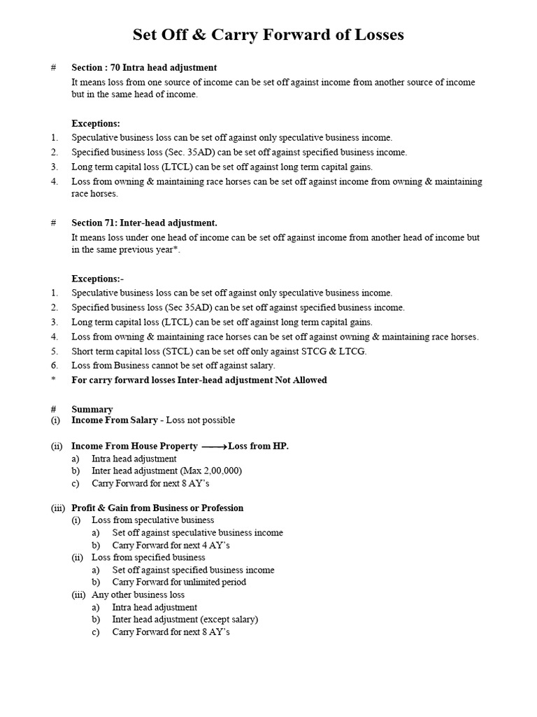 Losses Set Off & Carry Forward Guide | PDF | Capital Gains Tax ...