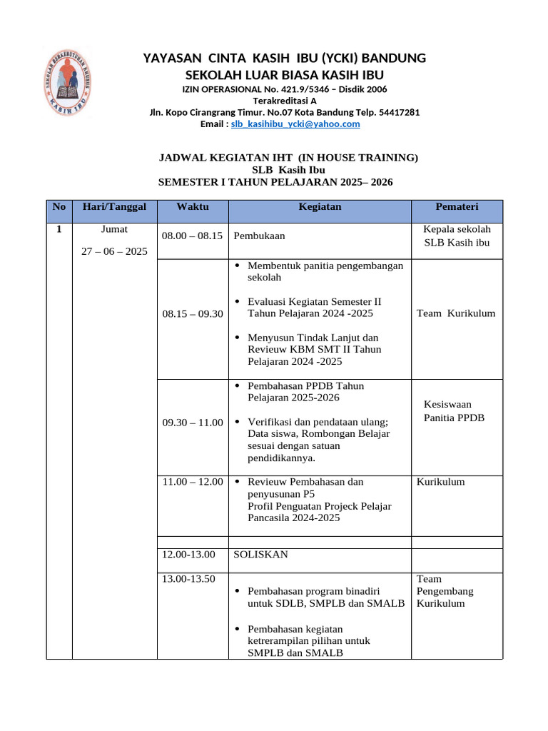 Jadwal Kegiatan Iht SMT 1 2025-2026 | PDF