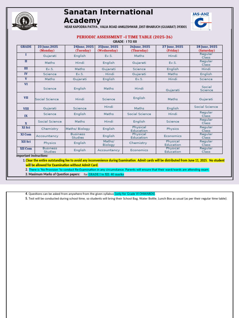 Periodic Assessment - 1 Time-Table (2025-26) | PDF