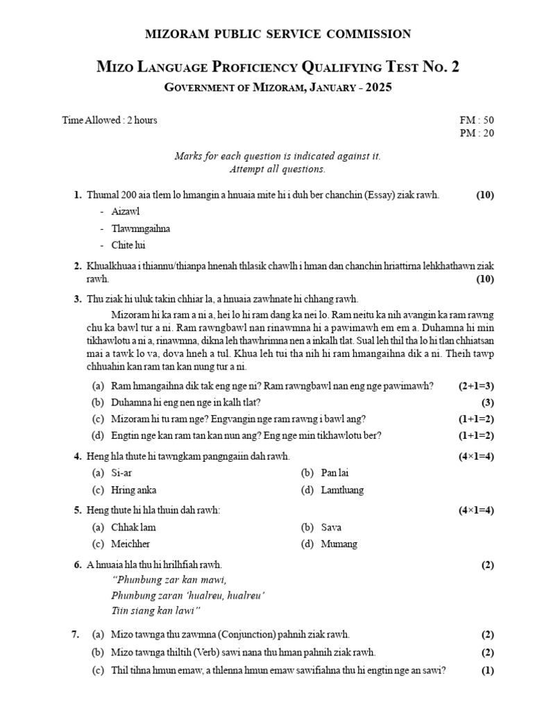 Mizo Language Proficiency Qualifying Test No 2 | PDF | Chess Theory ...