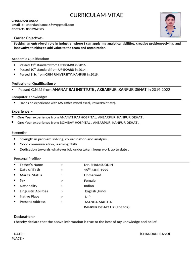 Chandani Bano's CV for Entry-Level Role | PDF