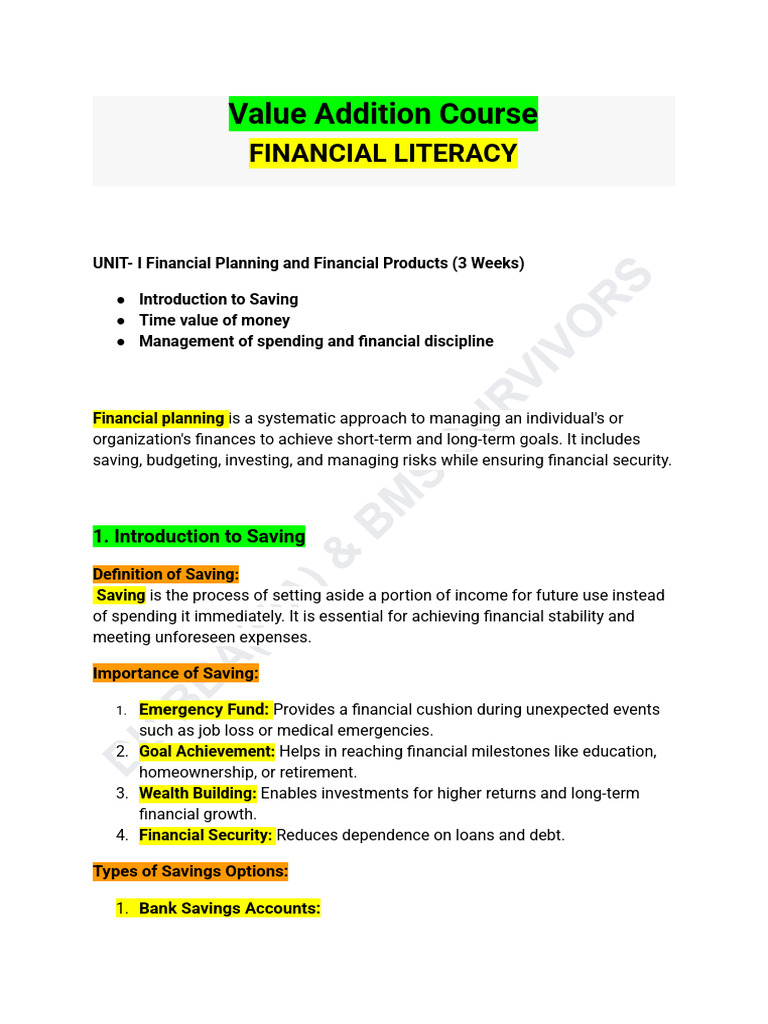 Financial Literacy for BBA and BMS Students | PDF | Time Value Of Money ...