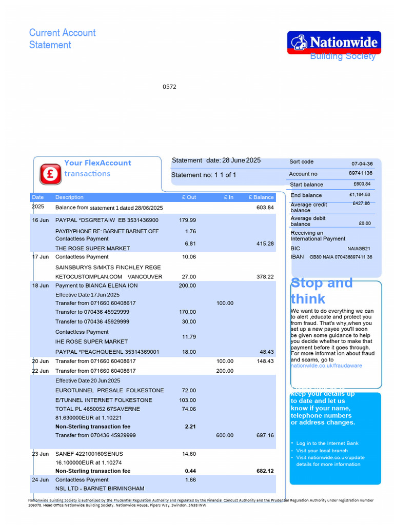 UK Nationwide Bank Statement Nazik - Resident | PDF | Overdraft | Cash