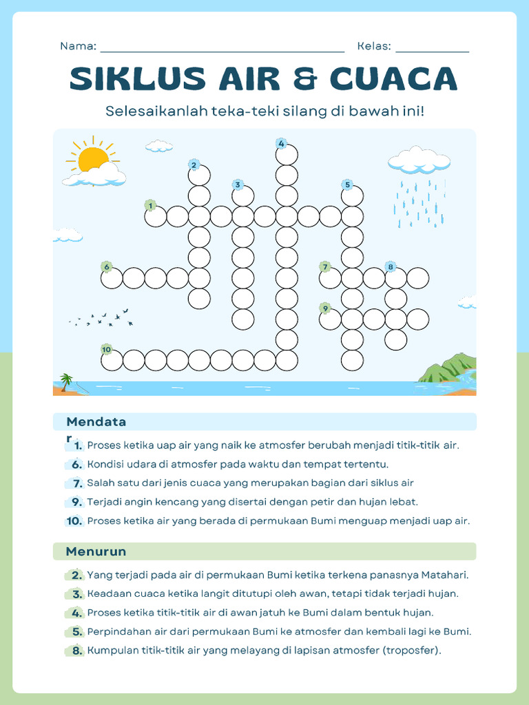 Siklus Air Dan Cuaca IPAS Lembar Kerja Teka-teki Silang Biru Hijau ...