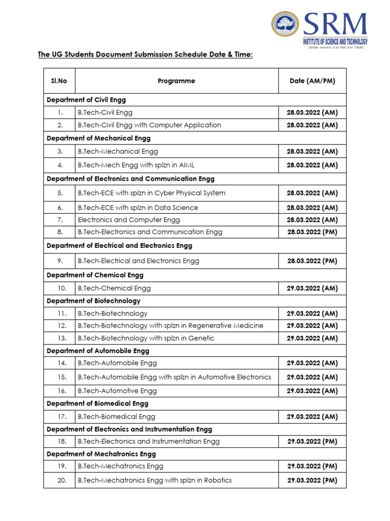 UG Students Document Submission Schedule | PDF | Computing