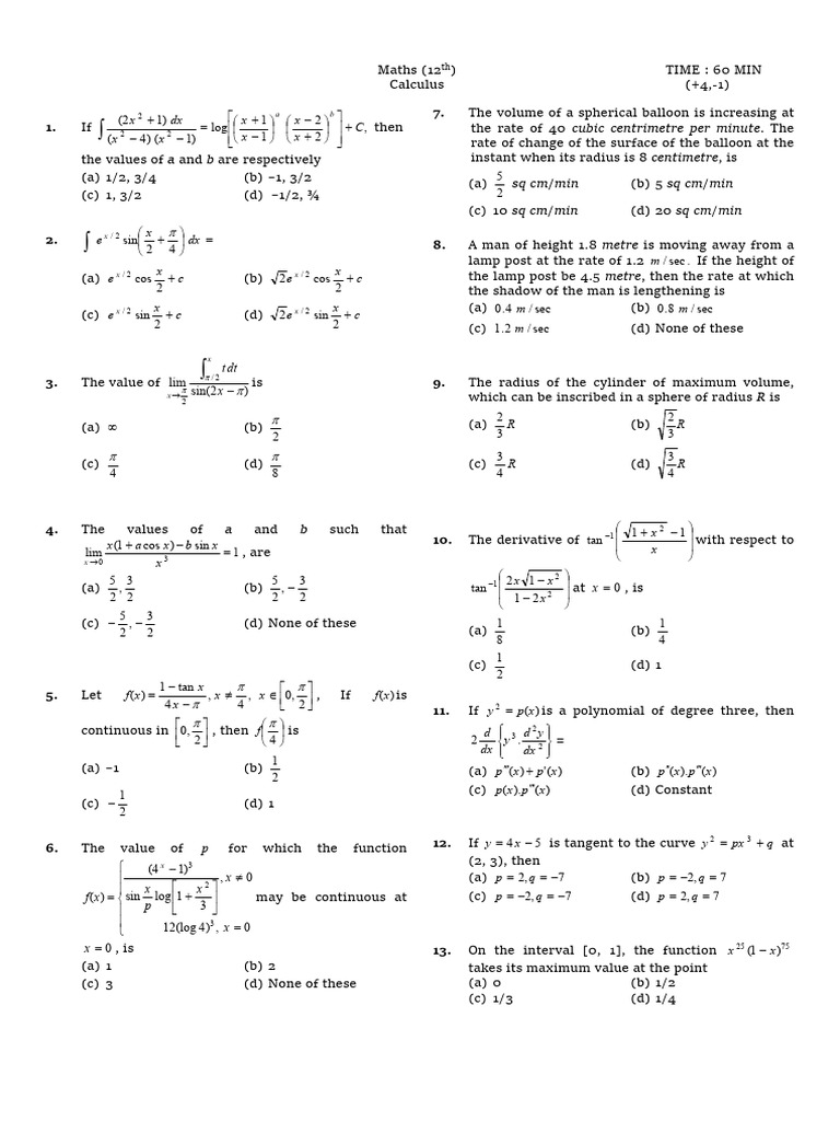Sunday Test Paper 12th Class Calculus | PDF | Differential Equations ...