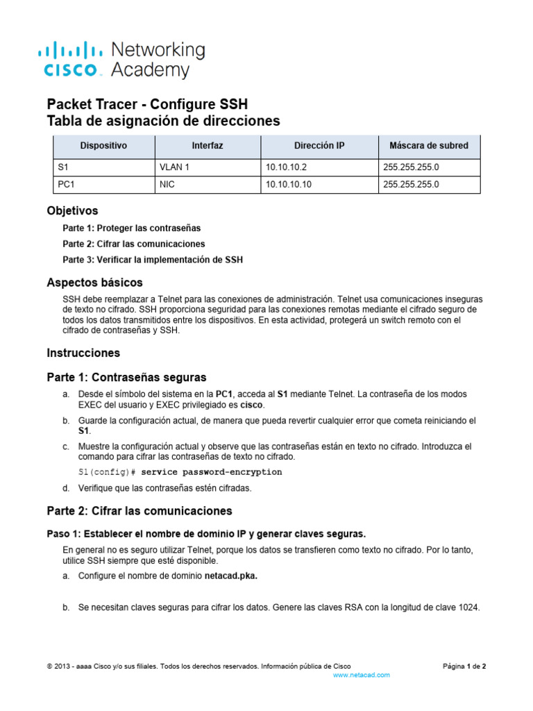Packet Tracer - Configure SSH - 1.3.6-Packet-Tracer - Configure-Ssh - es-XL | PDF | Contraseña ...