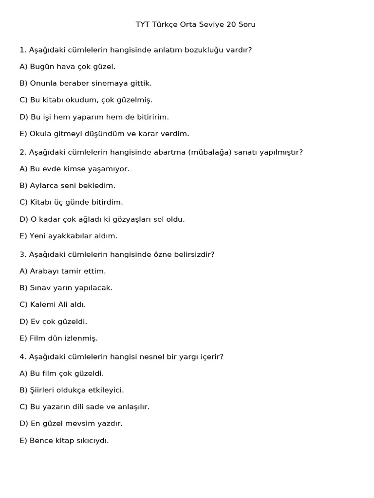 Tyt Turkce 20 Soru | PDF