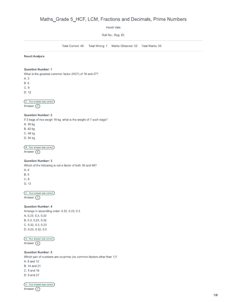 Maths_Grade 5_HCF, LCM, Fractions and Decimals, Prime Numbers_Harsh_answerkey | PDF