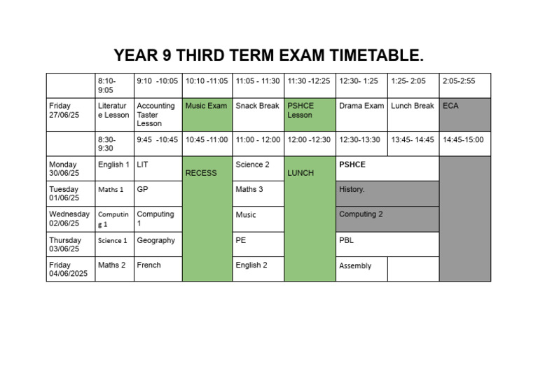 Year 9 Third Term Exam Timetable | PDF
