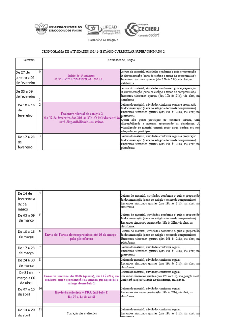 Cronograma Estágio 2 - EJA 2025.1 | PDF