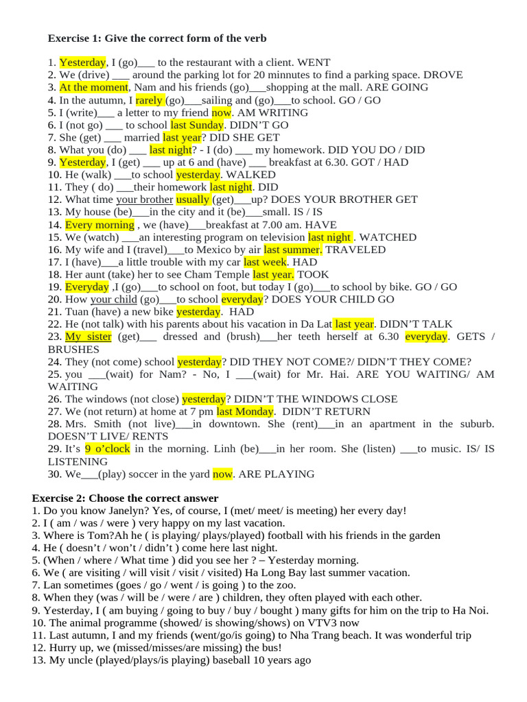 Verb Tense Practice Exercises | PDF