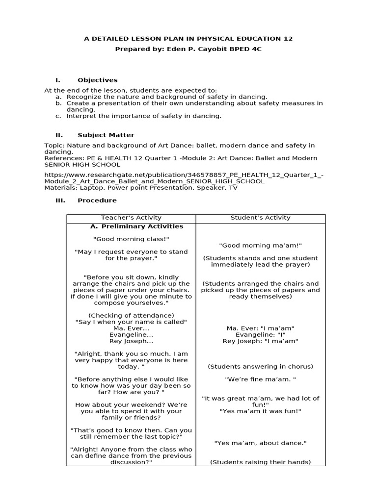 Physical Education Lesson Plan: Dance Safety | PDF | Dances