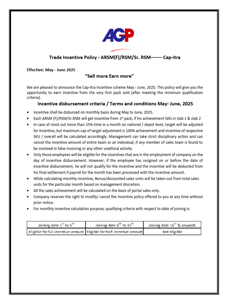 Capitra Incentive Policy For ARSM (F) RSMSR - RSM | PDF | Incentive | Economies
