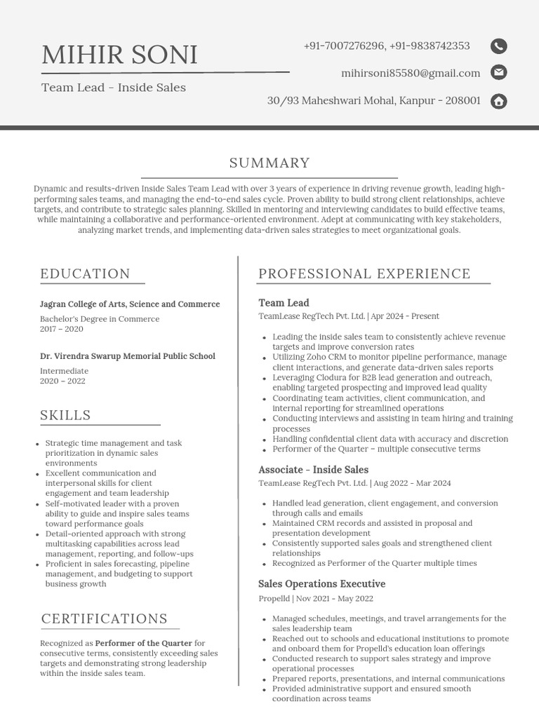 Mihir Soni Updated Resume 2025 | PDF | Sales | Customer Relationship ...