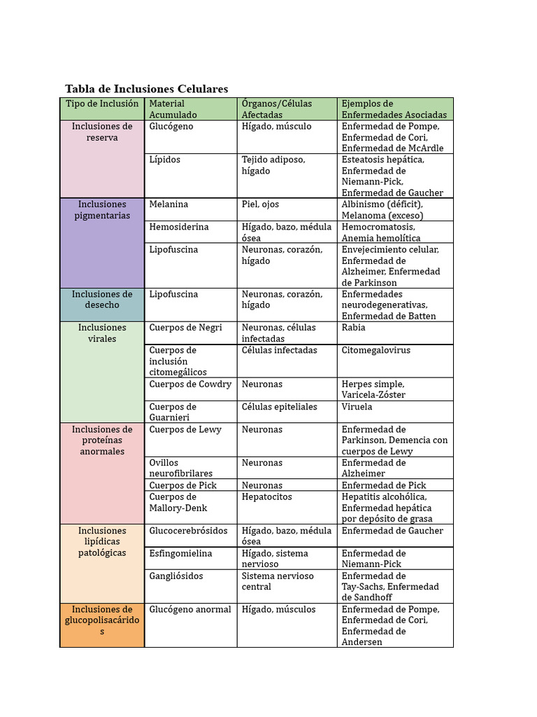 Inclusiones Celulares y Enfermedades Asociadas | PDF | Hígado ...
