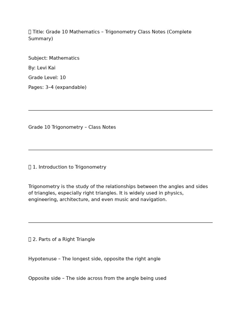 Grade 10 Mathematics - Trigonometry Class Notes | PDF