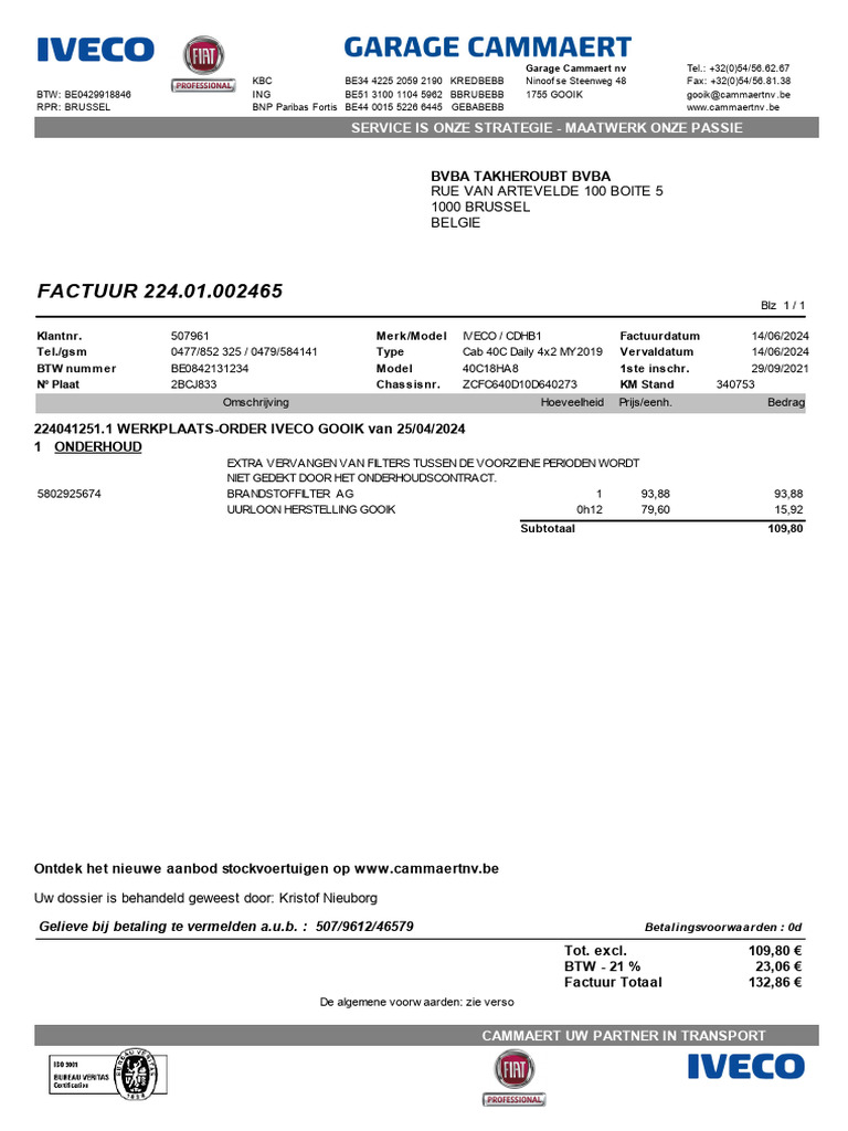 FACTUUR 224.01.002465: Bvba Takheroubt Bvba | PDF