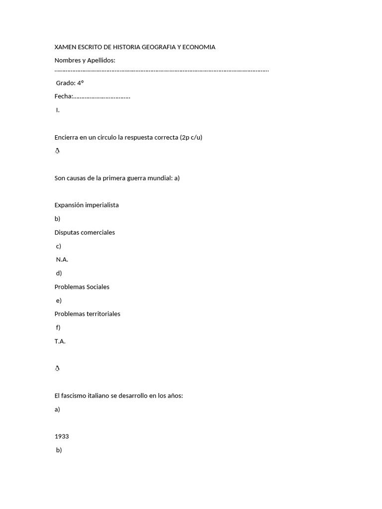 Xamen Escrito de Historia Geografia y Economia | PDF | Primera Guerra Mundial | imperio Alemán