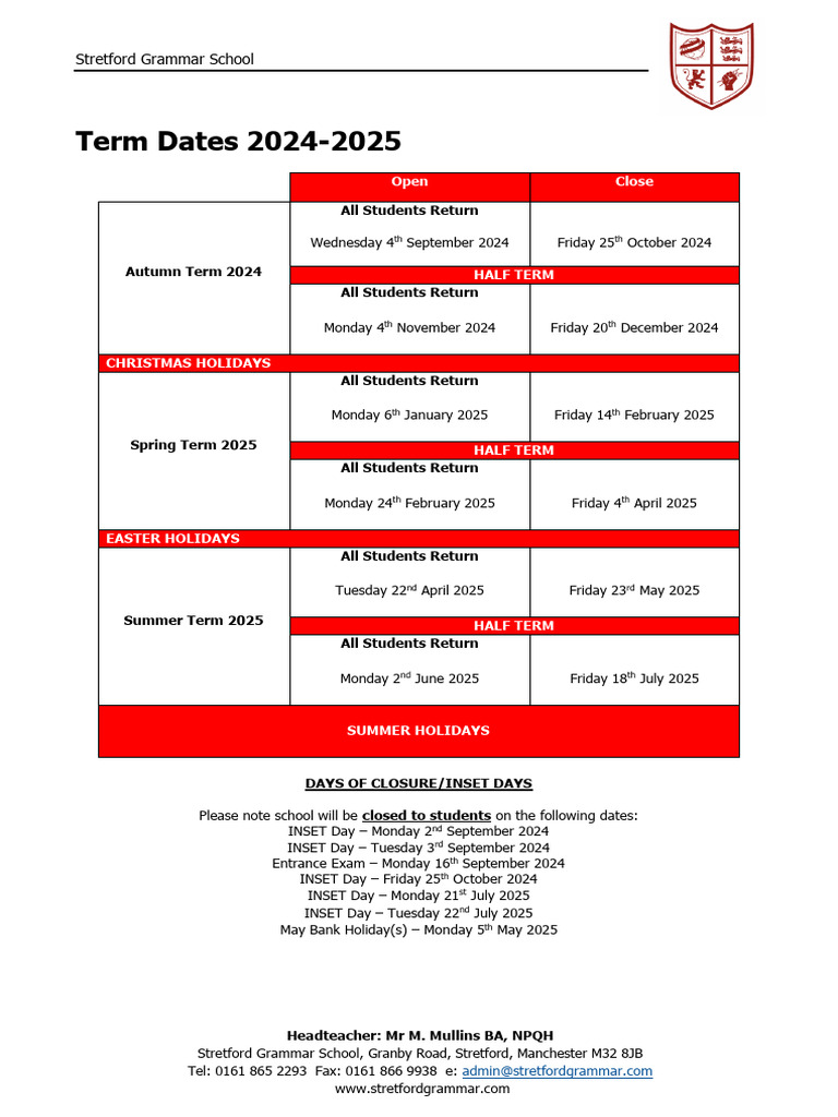 Stretford Grammar Term Dates 2024-2025 | PDF