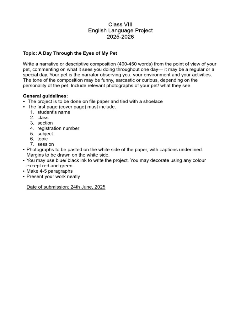 8th Grade English Project: My Pet's Day | PDF