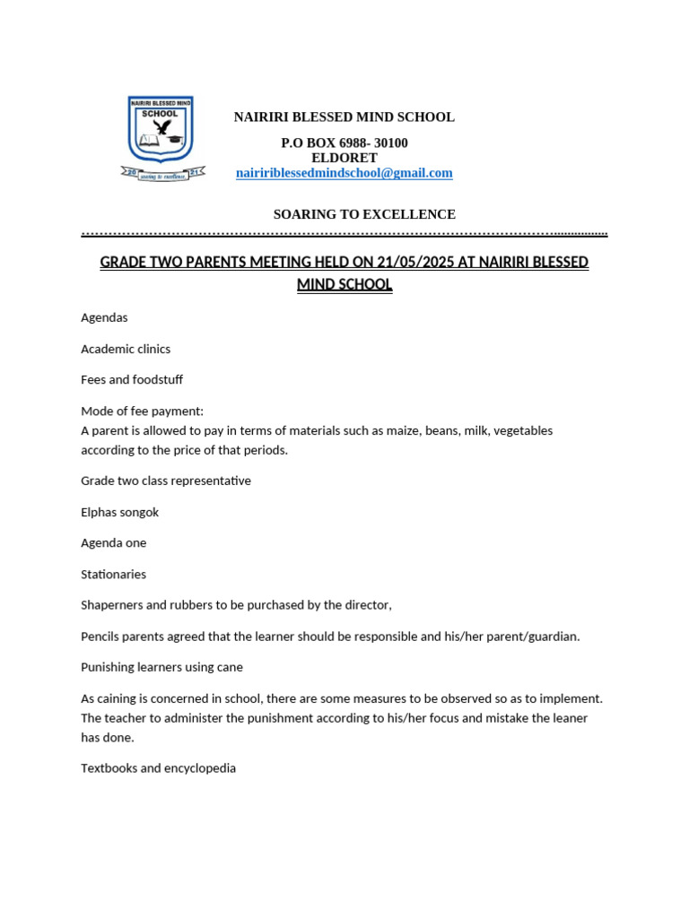 Nairiri Blessed Mind School-Grade 2 Meeting | PDF