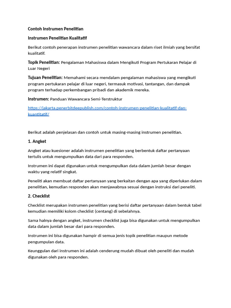 Contoh Instrumen Penelitian Kualitatif | PDF