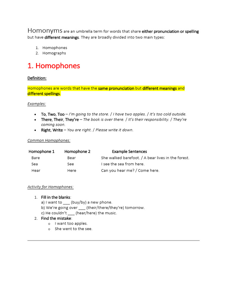Homonyms Explained: Types & Examples | PDF | Verb | Linguistic Morphology