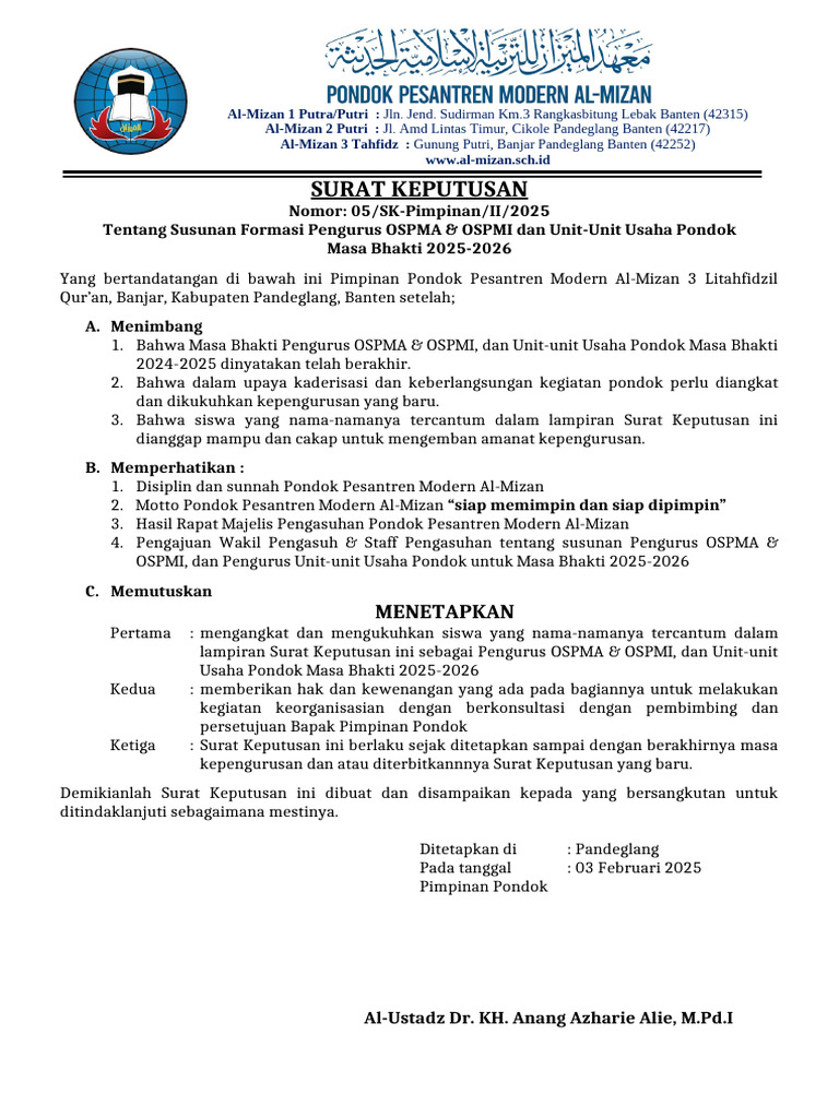 SK Pengurus OSPM & OSPMI Dan Unit Usaha 2025-2026 | PDF