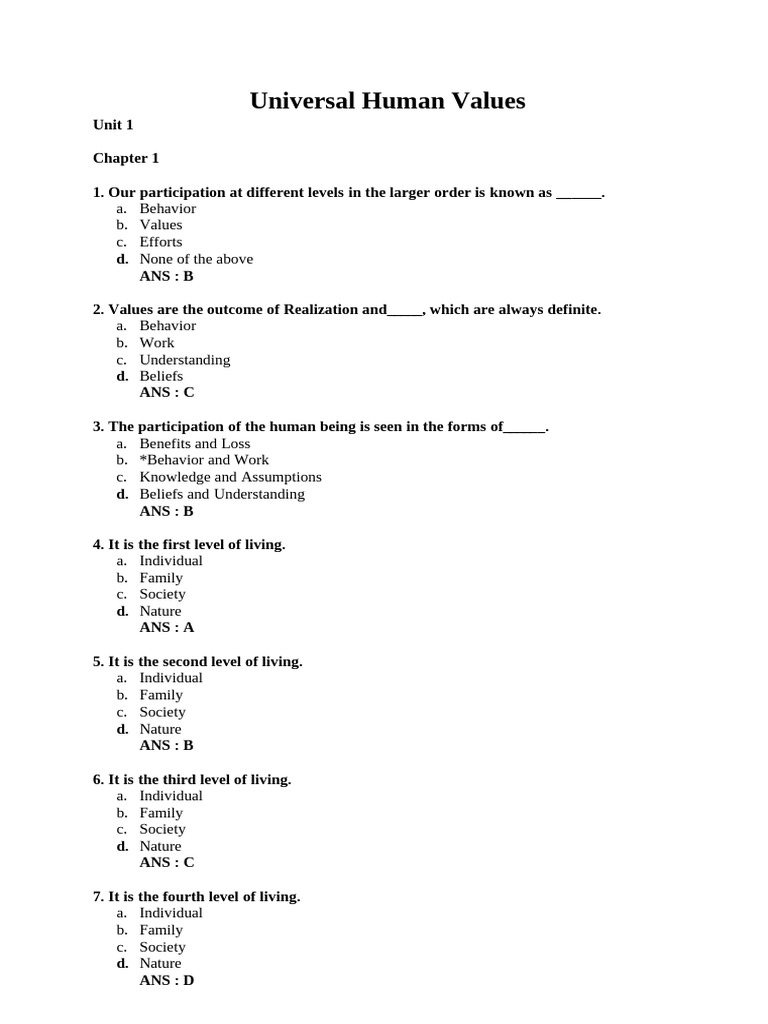 Universal Human Values MCQ Unit Wise | PDF | Thought | Happiness