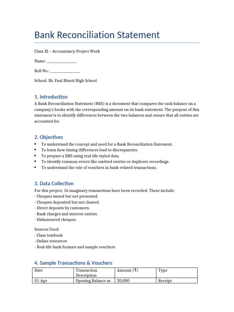Bank Reconciliation Statement Project | PDF | Cheque | Banks