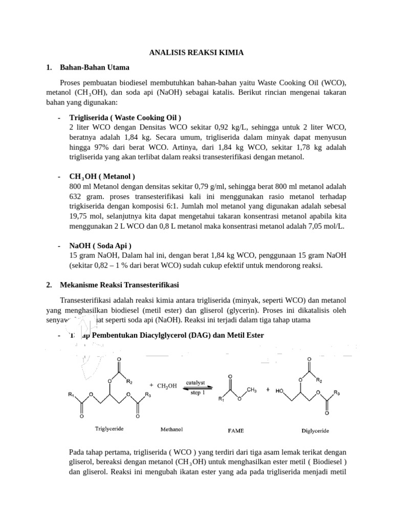 Mekanisme Reaksi Transesterifikasi Biodiesel | PDF