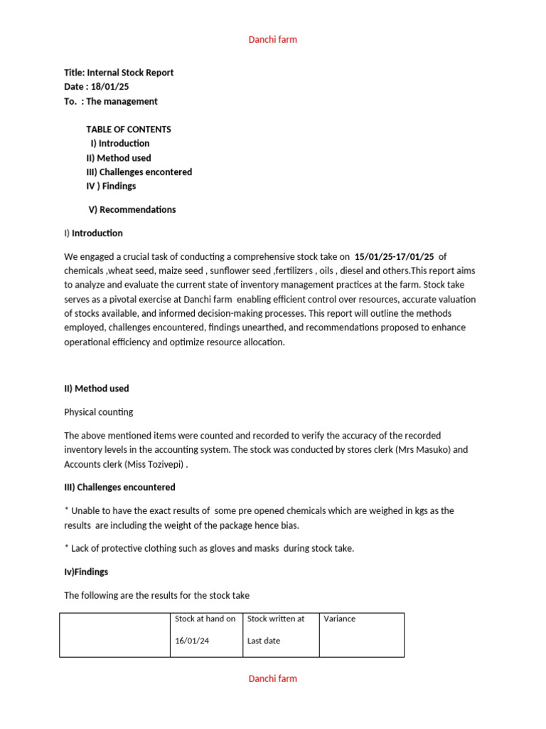 Danchi Stock Take 1 of 2025 | PDF