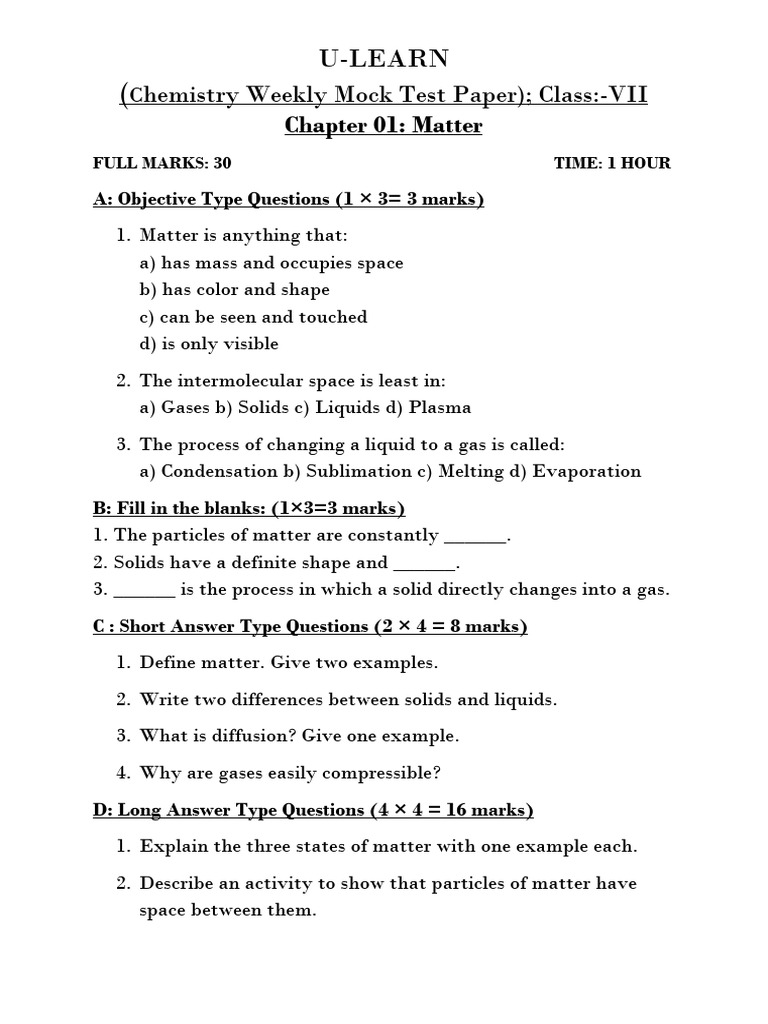 Class 7 Chemistry: Matter Mock Test | PDF