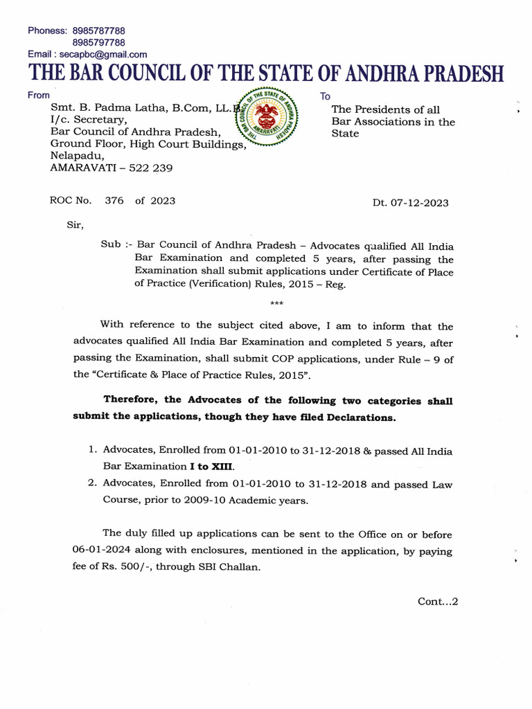 Bar Council Letter For Submission of COP Application Dated 07-12-2023 | PDF