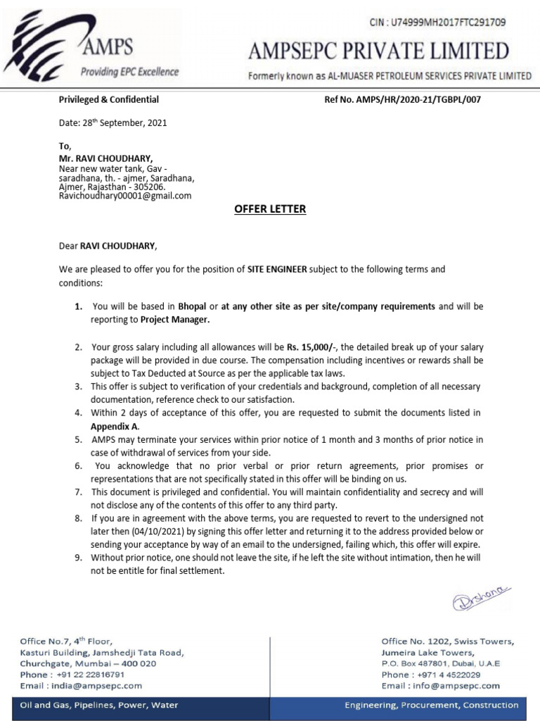 Offer Letter Amps - Site Engineer Ravi Choudhary (Bhopal) | PDF