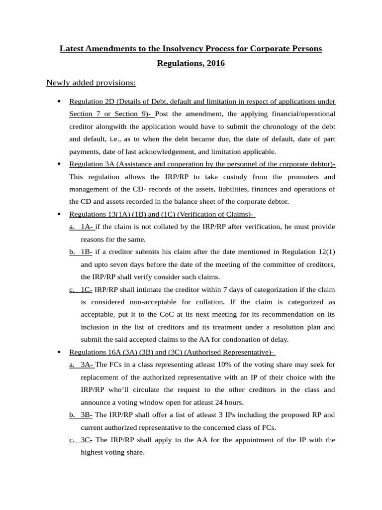 Latest Amendments To The Insolvency Process For Corporate Persons ...